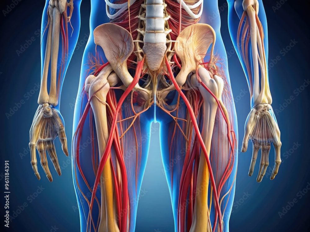 Detailed illustration of inner thigh anatomy showcasing femur, adductor ...