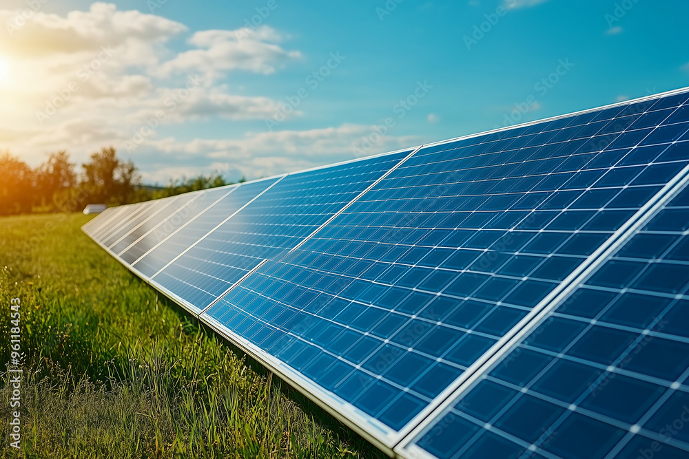 solar panel array is installed in a grassy field. The panels are ...