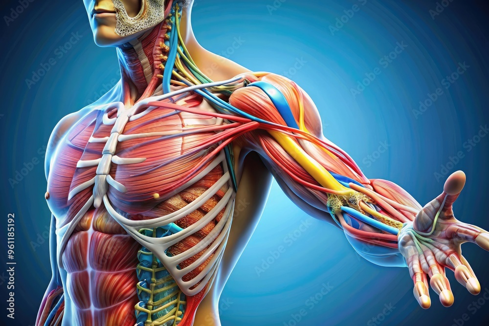 Detailed illustration of the human arm's internal anatomy, showcasing ...