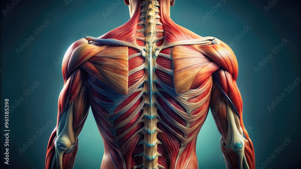 Detailed illustration of the human back anatomy, showcasing vertebrae ...