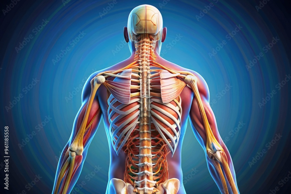 Detailed illustration of the human body from the back, showcasing the ...