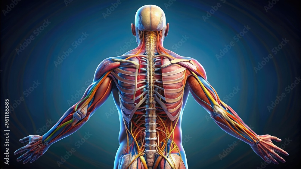 Detailed illustration of the human body from the rear, showcasing ...