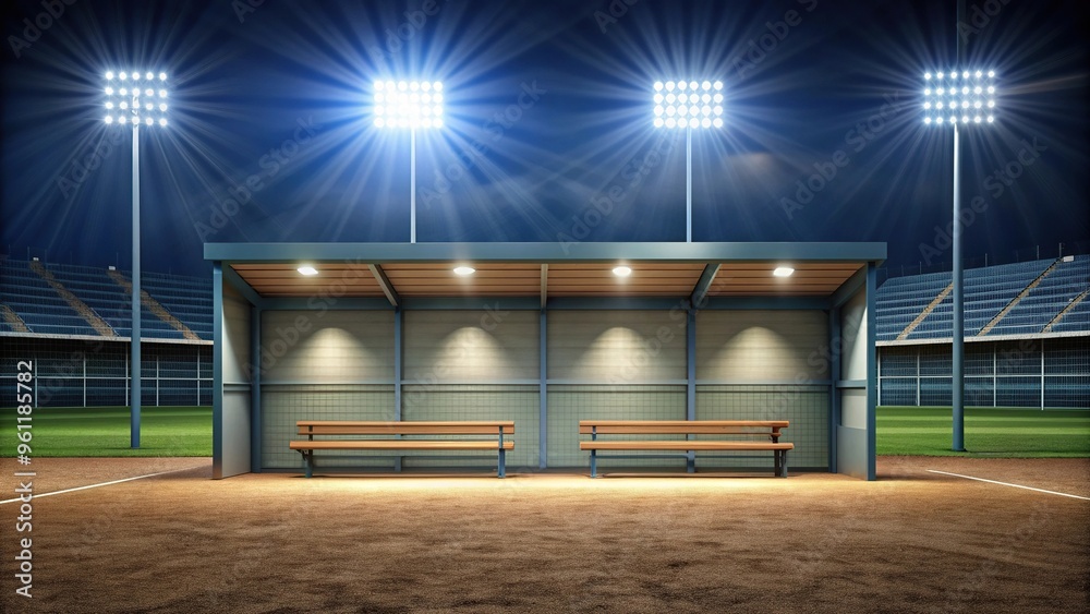 Empty baseball dugout illuminated by stadium lights at night , sports ...
