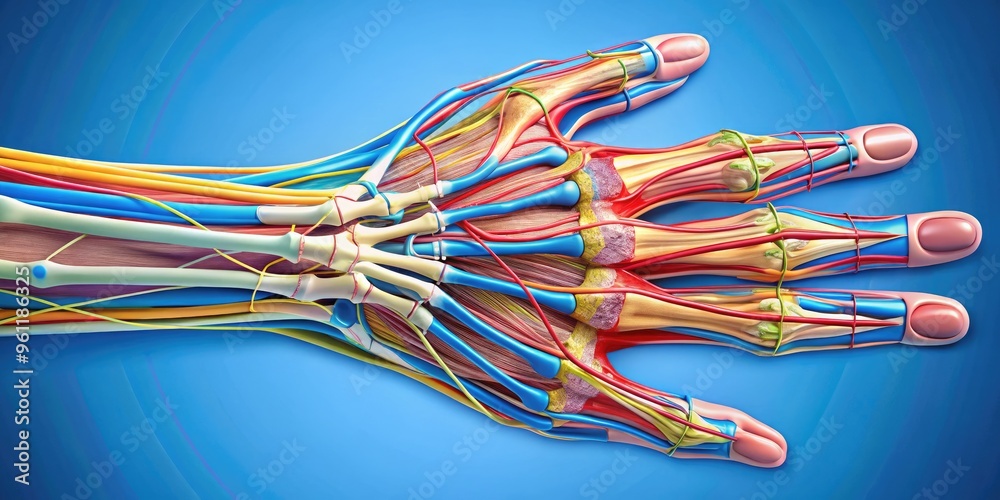 Detailed illustration of the human hand's internal structure ...