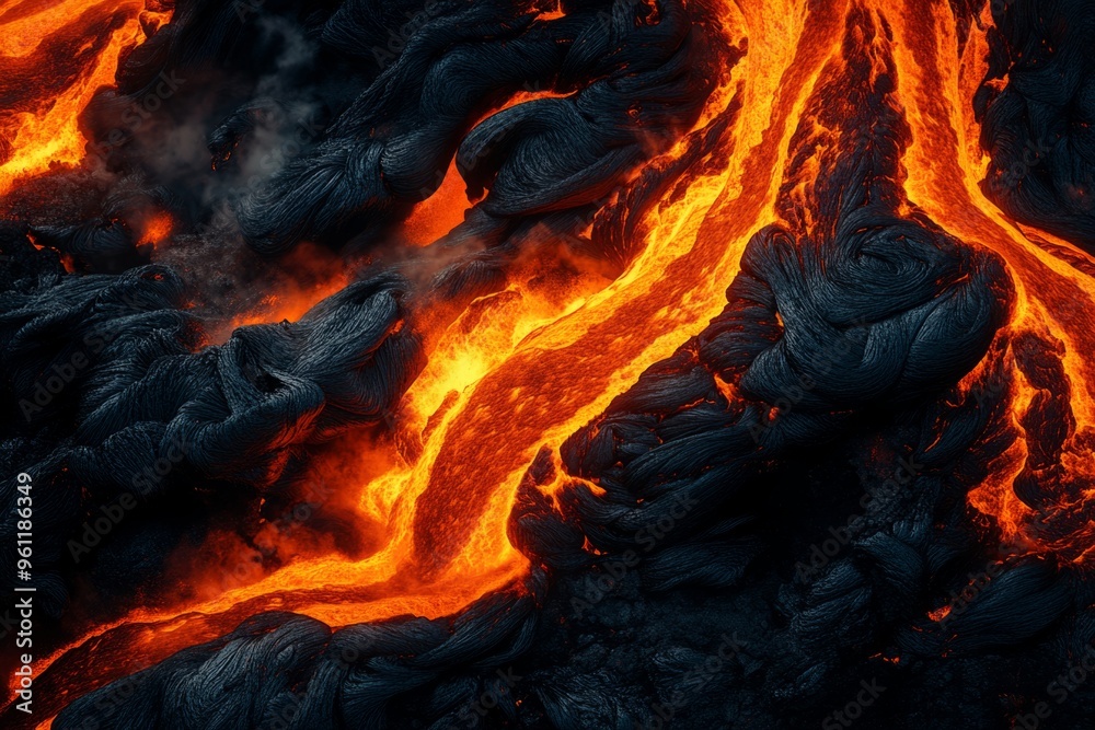 Lava flows create stunning visuals in deep shades of orange and black ...
