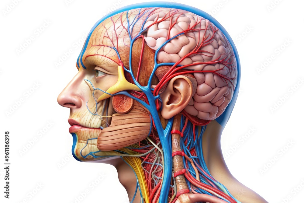 Detailed illustration of the human head's internal structure, featuring ...