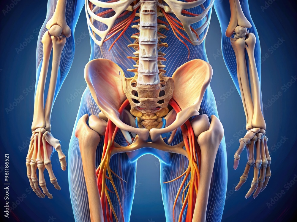 Detailed illustration of the human hip and spine anatomy, showcasing ...