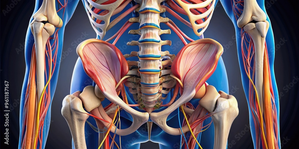 Detailed illustration of the human right hip bone anatomy, showcasing ...