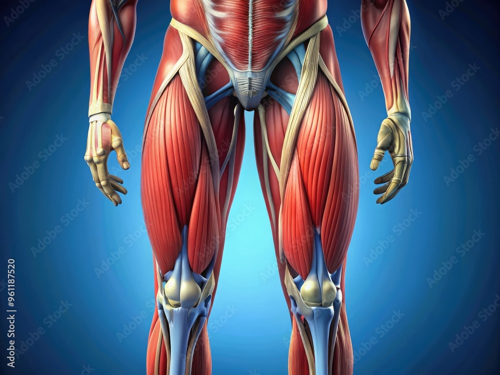 Detailed illustration of the human thigh muscles, showcasing the ...
