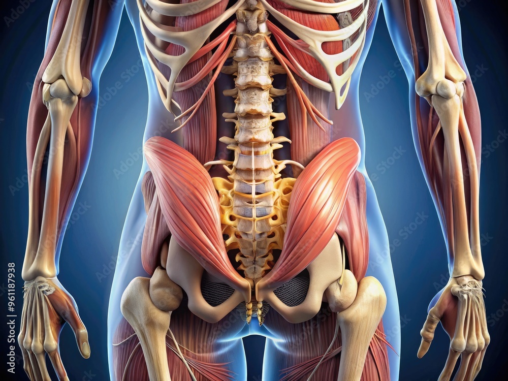 Detailed illustration of the lumbar spine, pelvis, and surrounding muscles, tendons, and ...