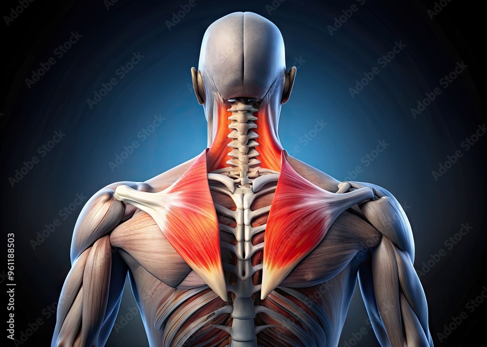 Detailed illustration of trapezius muscle anatomy, showcasing its ...