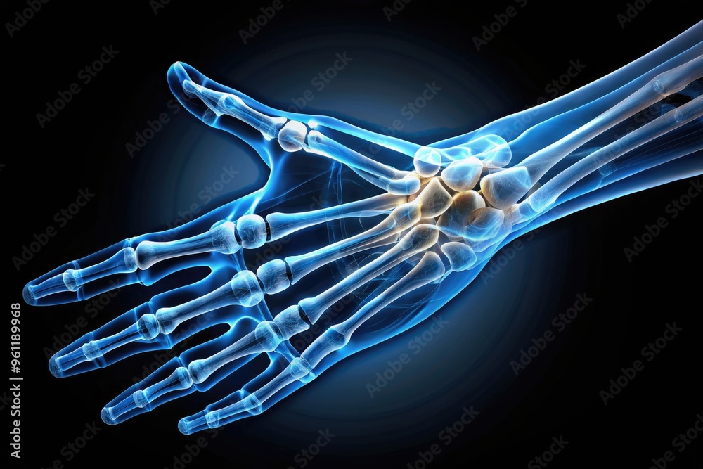 Detailed X-ray image of a human hand skeleton showing individual bones ...