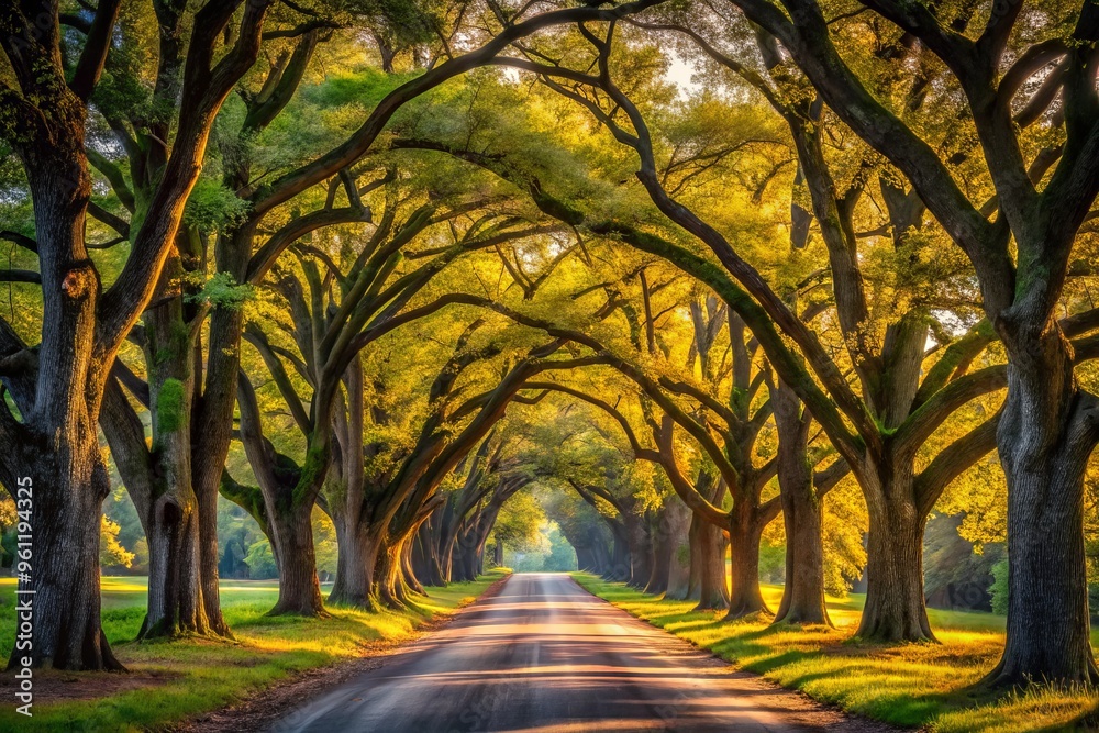 Winding tar seep path surrounded by a canopy of towering oak and maple ...
