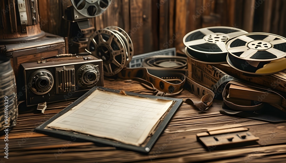 Vintage cinema tools displayed on an old wooden background, featuring a ...