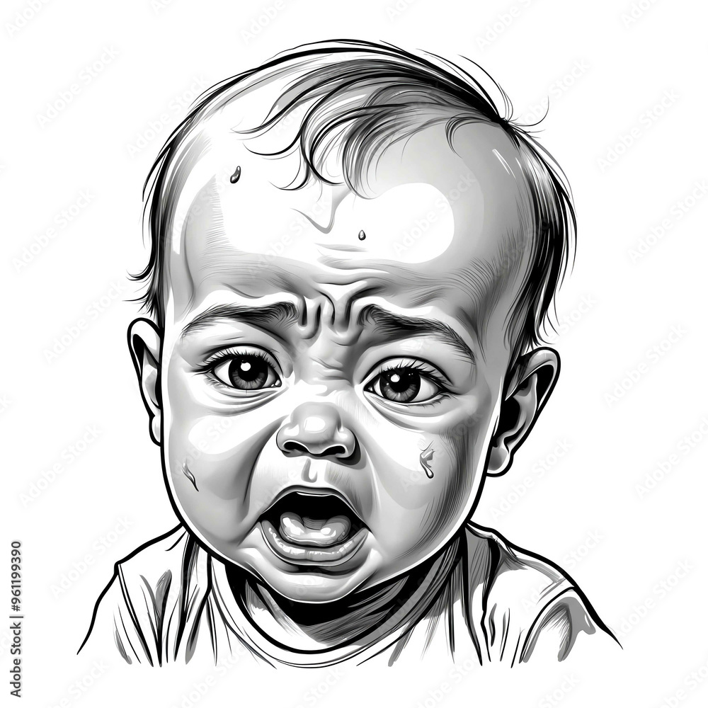 crying baby head black and white sketch on plain white background Stock ...