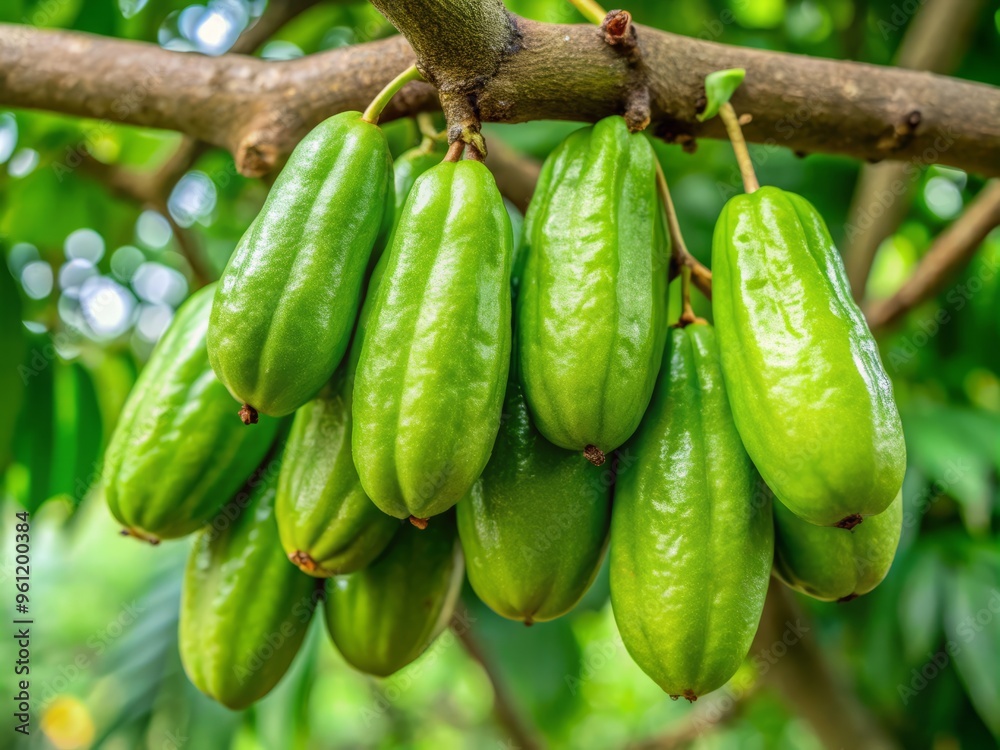 The bilimbi fruit, a shade of green with pointed ends and ridges, grows ...