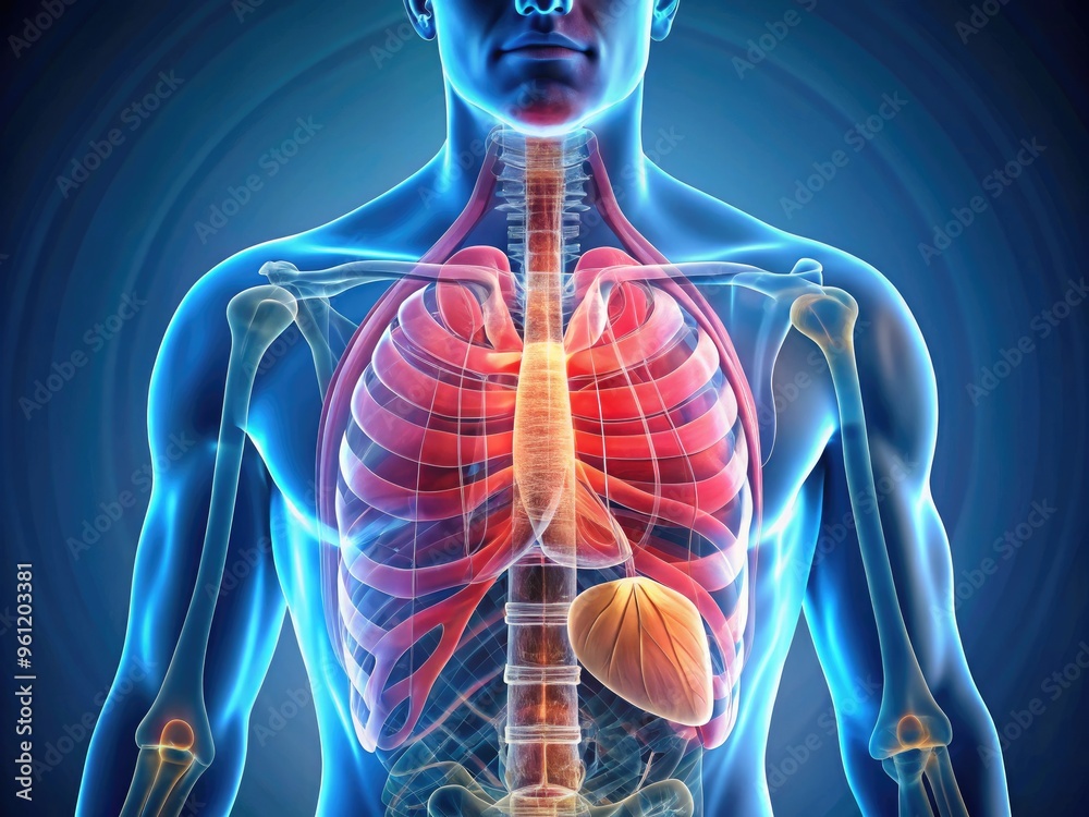 Human Esophagus And Lungs Anatomy With Labeled Structures, Ribcage, And ...