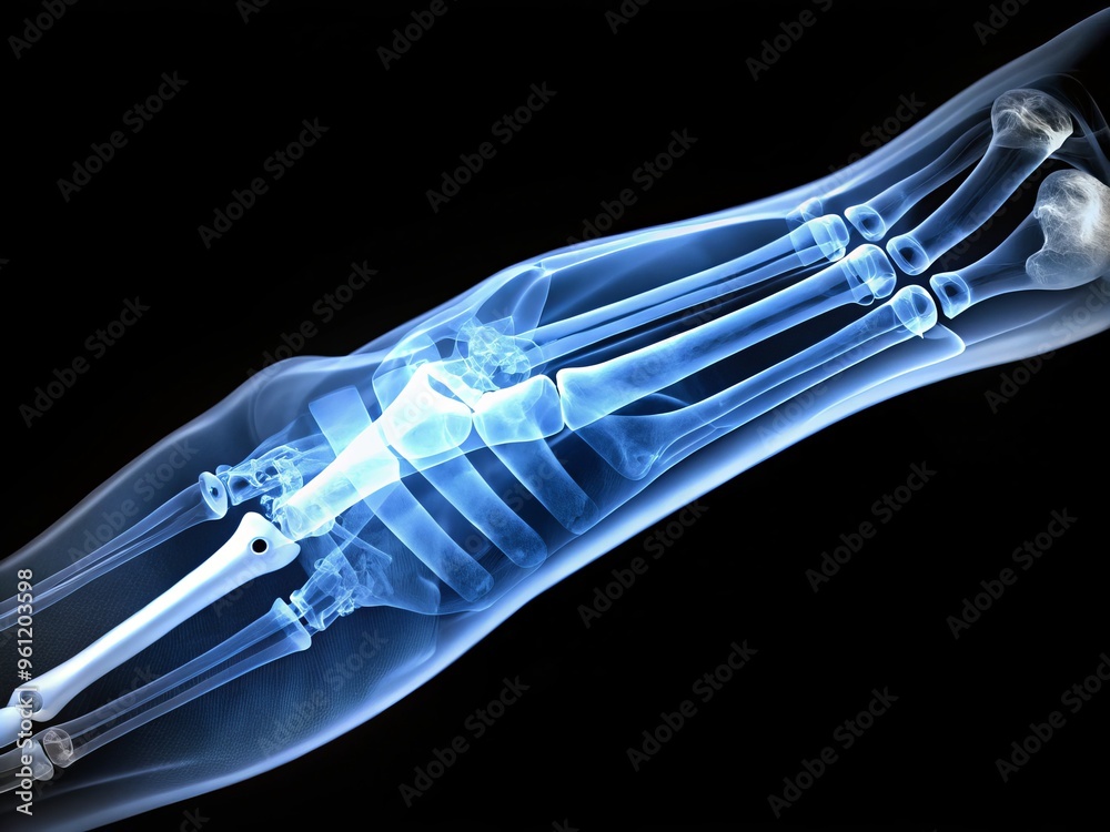 Arm fracture X-ray showing a broken radius bone with a surgical implant ...