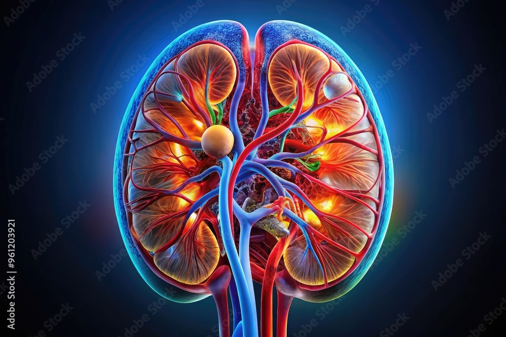 Illuminated 3D illustration of human kidney anatomy, showcasing renal ...