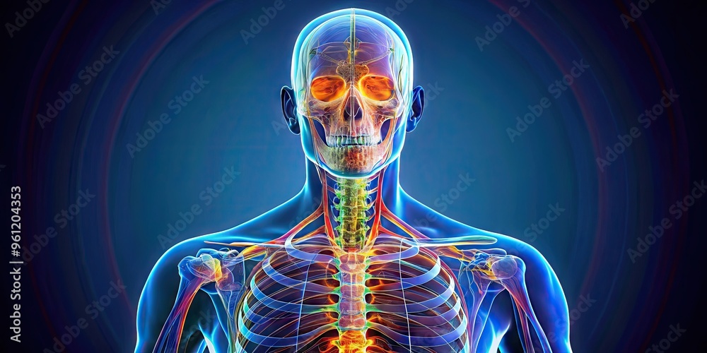 Illuminated 3D illustration of the human body, highlighting the axial skeleton in vibrant colors ...