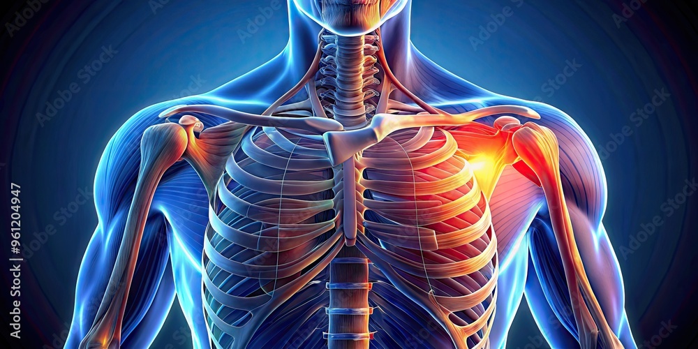 Illuminated 3D illustration of the human shoulder joint, showcasing ...