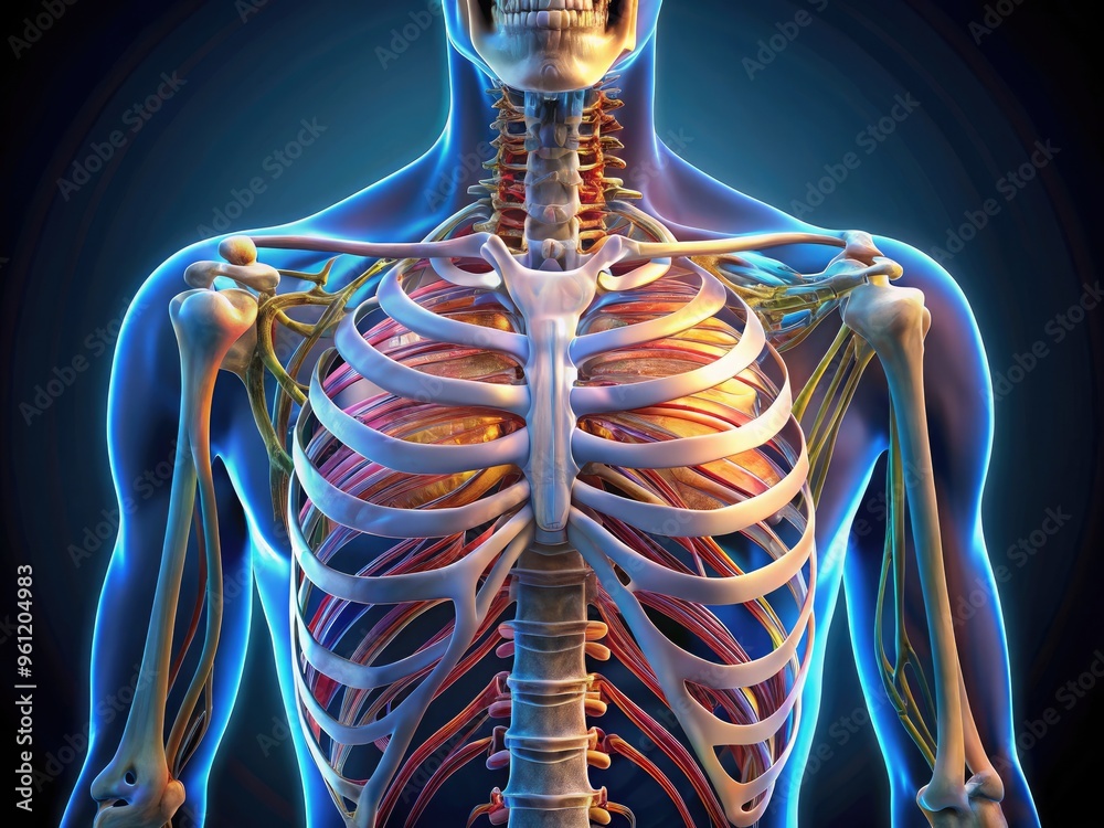 Illuminated 3D illustration of the human sternum, showcasing its ...