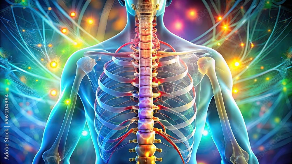 Illuminated 3D illustration of the human spine, showcasing vertebrae ...