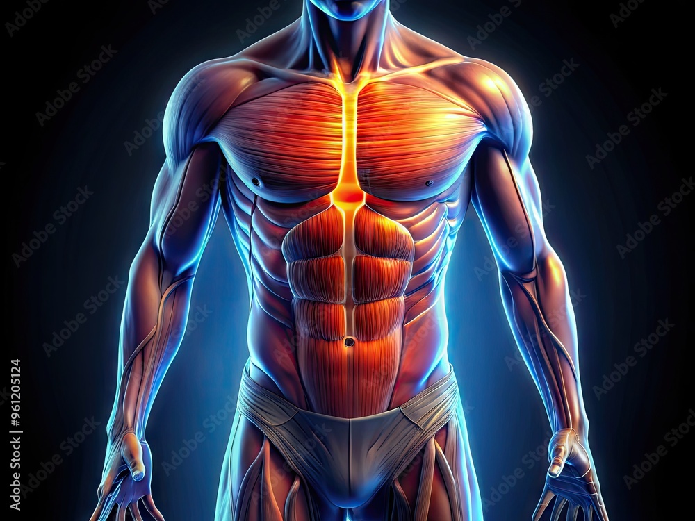 Illuminated 3D illustration of the human torso showcasing the internal ...