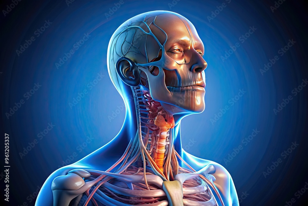 Illuminated 3D model of human throat and neck anatomy, featuring ...