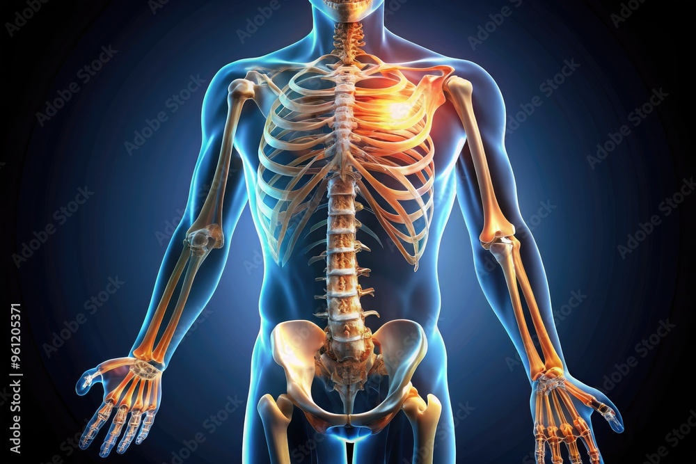 Illuminated 3D model of the human arm's skeletal structure, showcasing ...