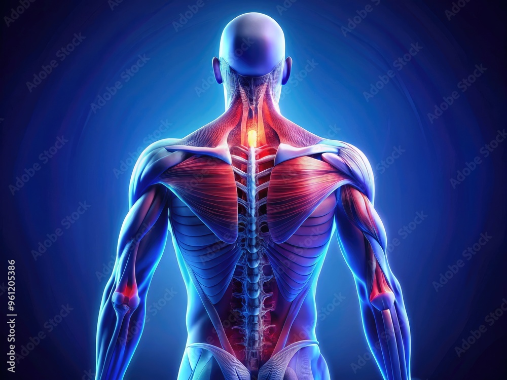 Illuminated 3D model of the human back depicting intricately detailed ...