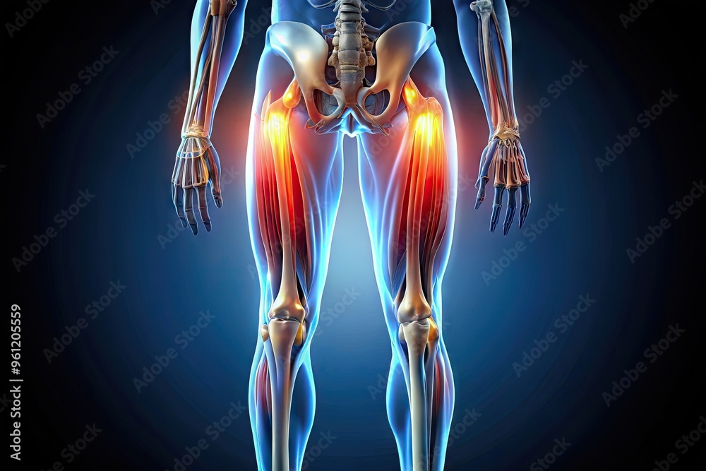 Illuminated 3D model of the human upper leg, highlighting the ...