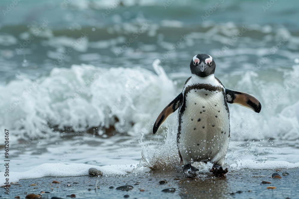 Penguin Walking on Two Legs with Open Beak and Orange Feet Near the ...