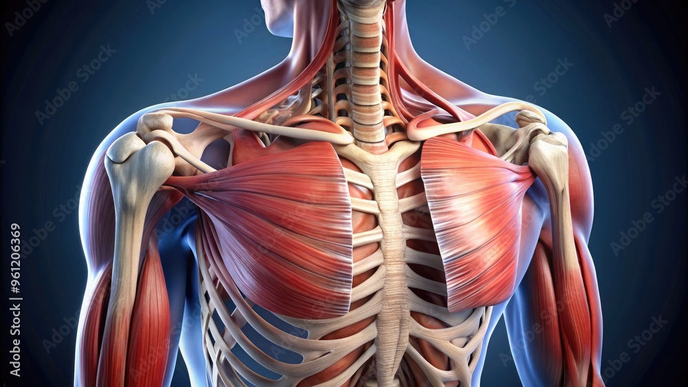 Illustrated 3D anatomy model of the human shoulder joint, highlighting ...