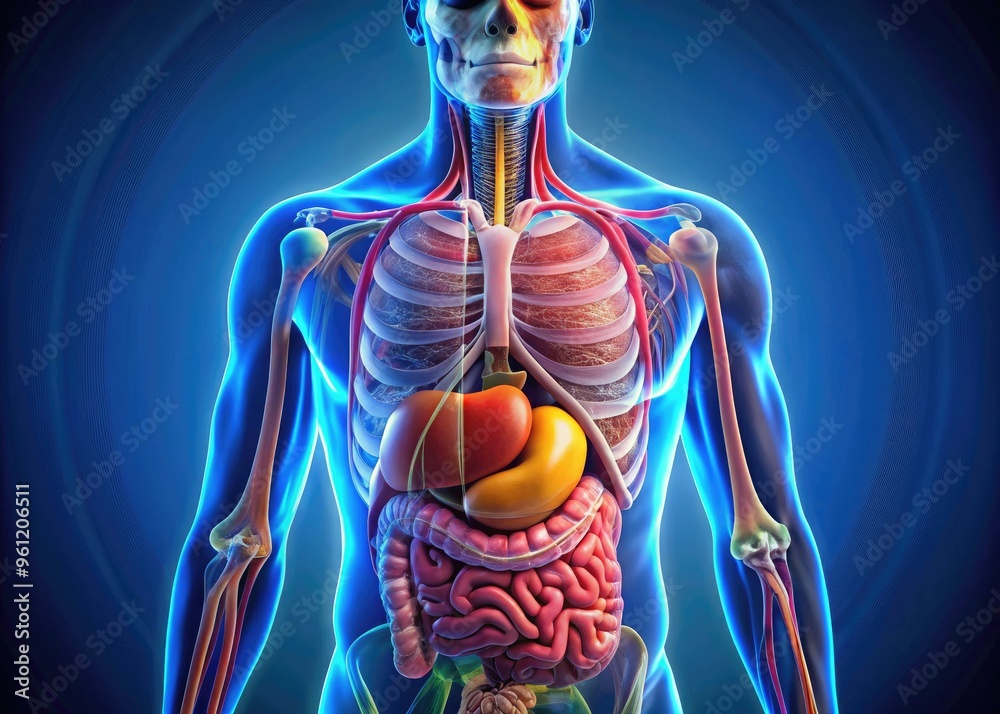 Illustrated 3D model of the human body's internal organs, showcasing ...