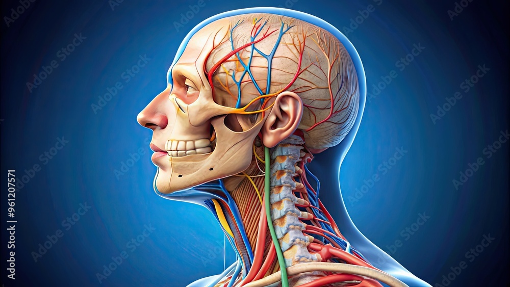 Illustrated lateral view of the human neck's intricate anatomy ...