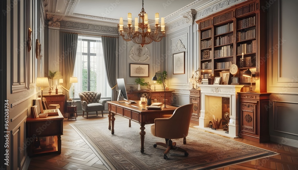 Elegant Study Room with Wooden Desk, Bookshelves, and Armchair in a ...