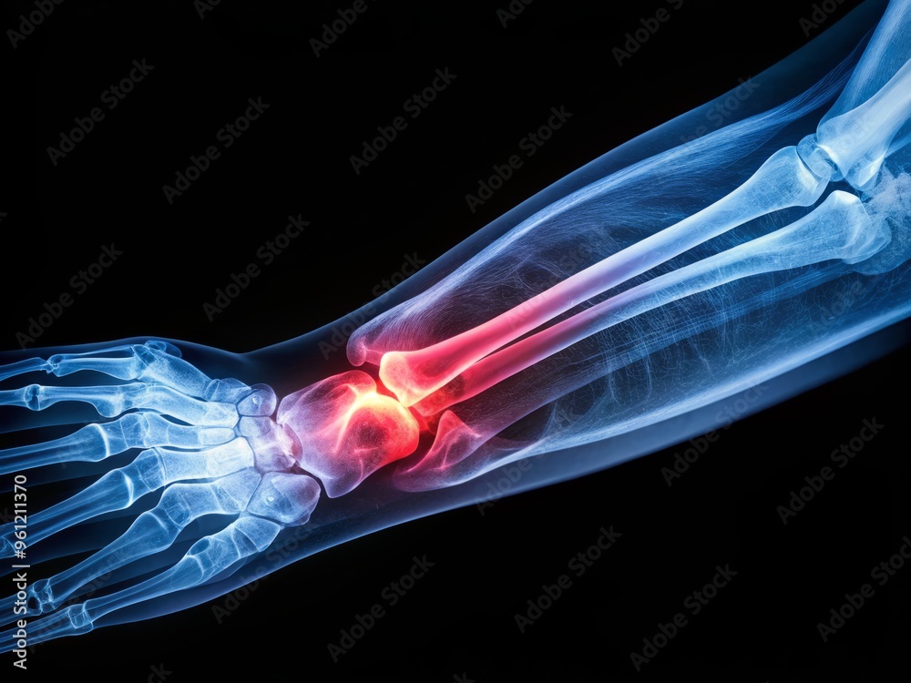 A close-up x-ray of a fractured arm, with the distal radius and ulna ...