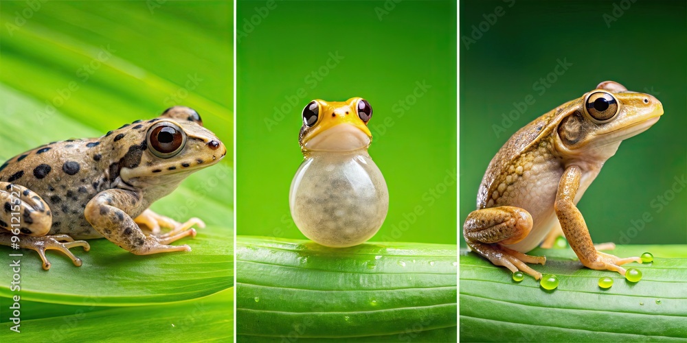 Macro view of various stages of frog development, from egg to tadpole ...