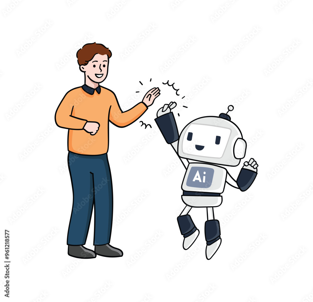 Vector icon and illustration for a man high-fiving a robot. A cheerful ...
