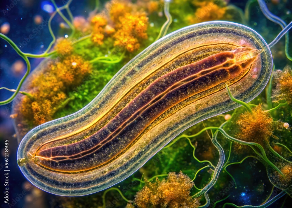 Microscopic image of a planarian flatworm's internal anatomy, featuring ...