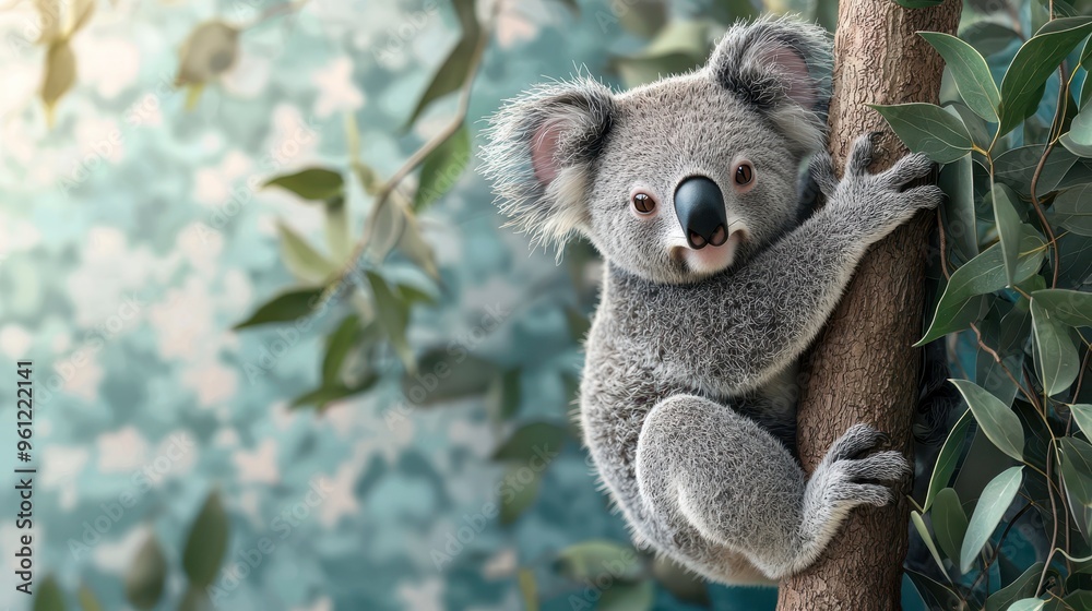 3D koala clinging to a tree with a soft pastel background on the right ...