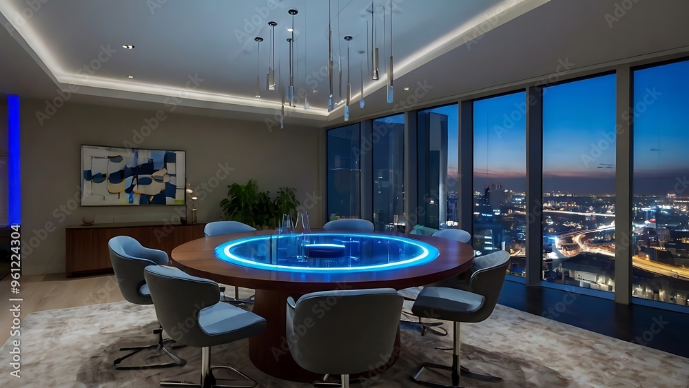 Interior design modern living room with large panoramic windows view to ...