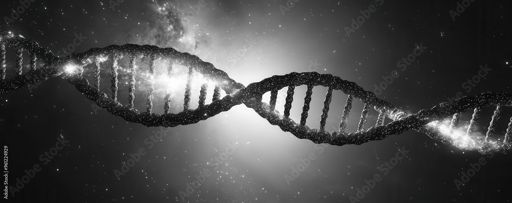 DNA strand forming a galaxy, cosmic helix, side view, depicting the ...