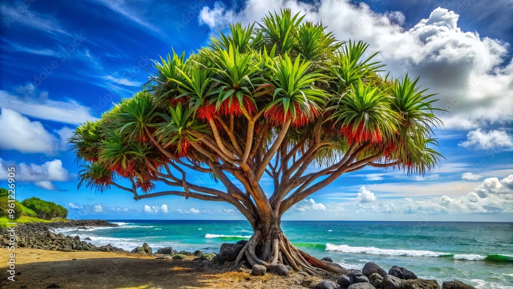 "Majestic native Hawaiian tree, Hala tree (Pandanus tectorius), with ...
