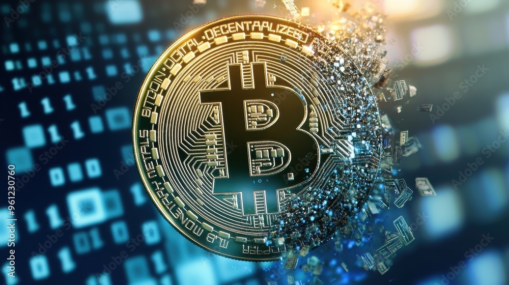 Bitcoin made of pixels dissolving into binary code, cryptocurrency ...