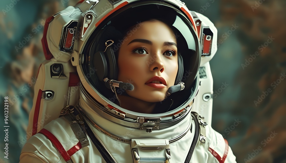 ภาพประกอบสต็อก Vintage-inspired woman in an ancient spacesuit exploring ...