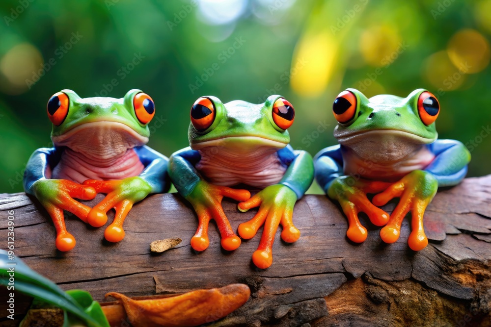 Three colorful frogs sitting on a tree log, each covering their eyes ...