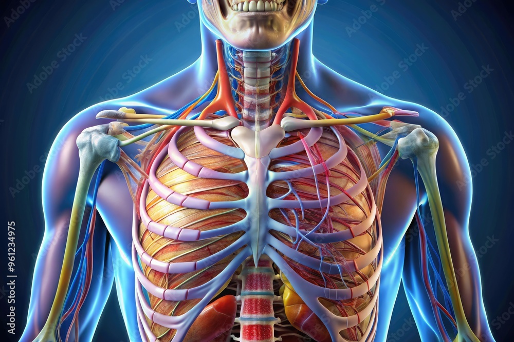 Three-dimensional illustration of the human chest anatomy, showcasing ...