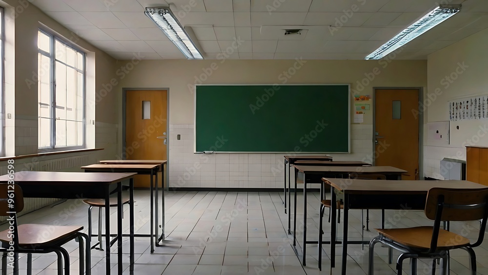 Classic classroom indoor view design, chalkboard and tables are in ...